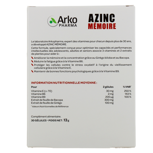 Azinc Mémoire : vitamines, ginkgo et bacopa - Complément alimentaire