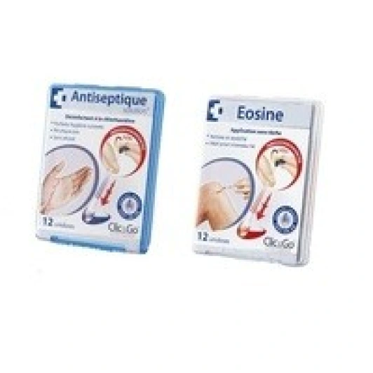 Pack Clic and go Antiseptique et Eosine, boite de 12 unidoses de chaque